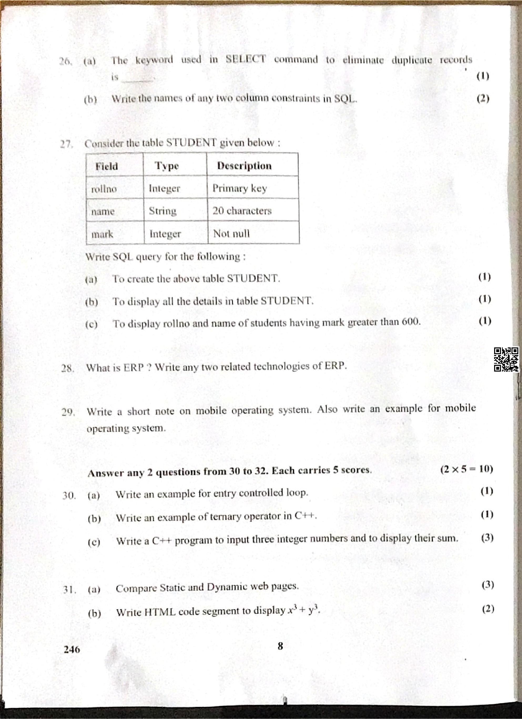 Kerala Plus Two Computer Application Model Exam Question Paper 2025 ...