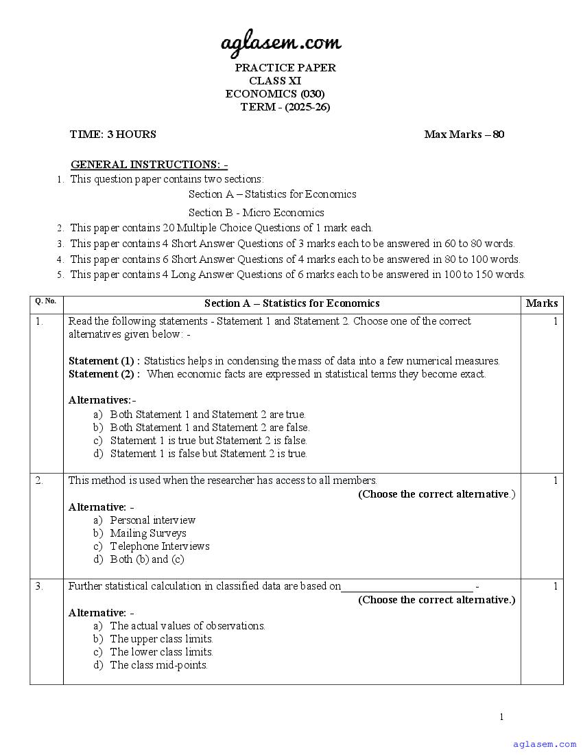 Class 11 Economics Sample Paper 2026 PDF - Download Economics Model ...