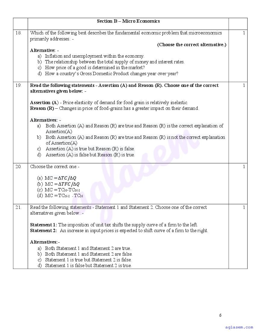 Class 11 Economics Sample Paper 2026 PDF - Download Economics Model ...