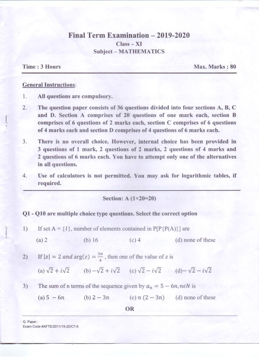 CBSE Class 11 Annual Exam Question Paper 2019 Maths