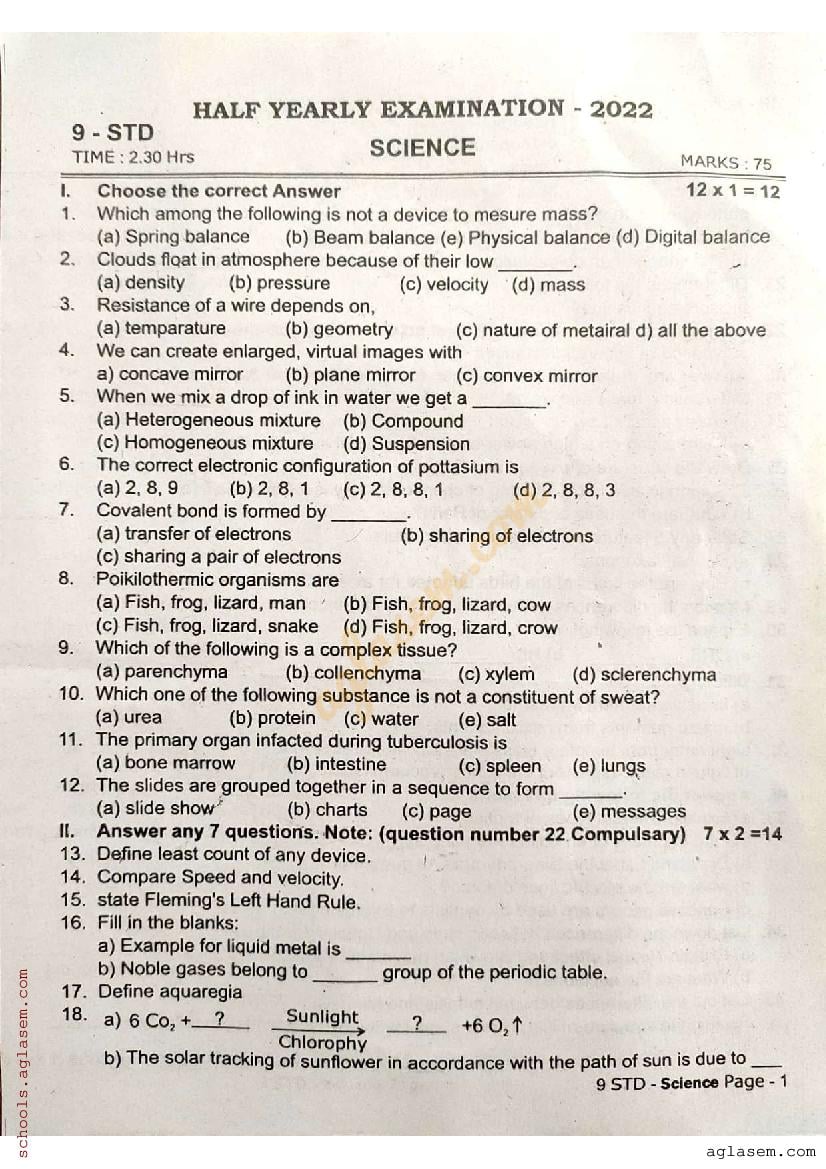 TN 9th Science Half Yearly Question Paper 2023 (PDF)