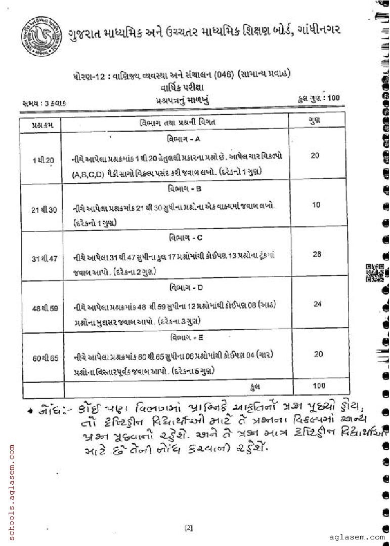 GSEB Std 12th Business Administration and Management Model Paper 2025 ...