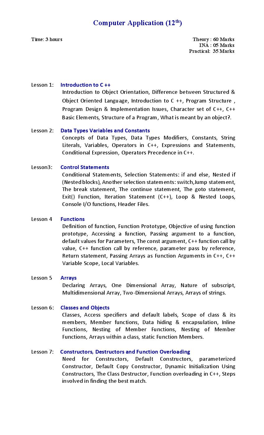 PSEB Class 12th Computer Application Syllabus 2024 PDF PSEB Class 12th Computer Application Syllabus 2024 PDF