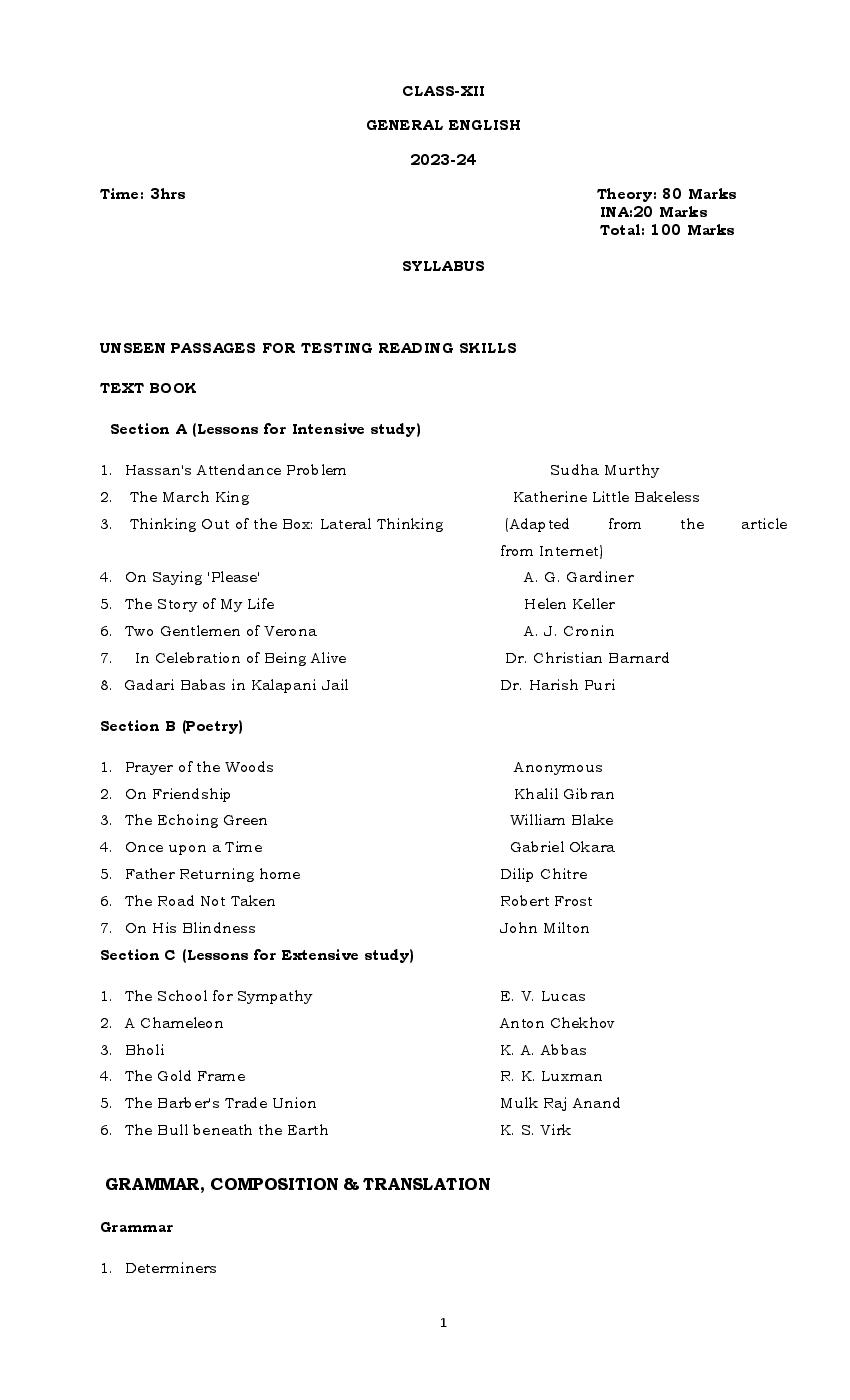 PSEB Class 12th English General Syllabus 2023 24 PDF 