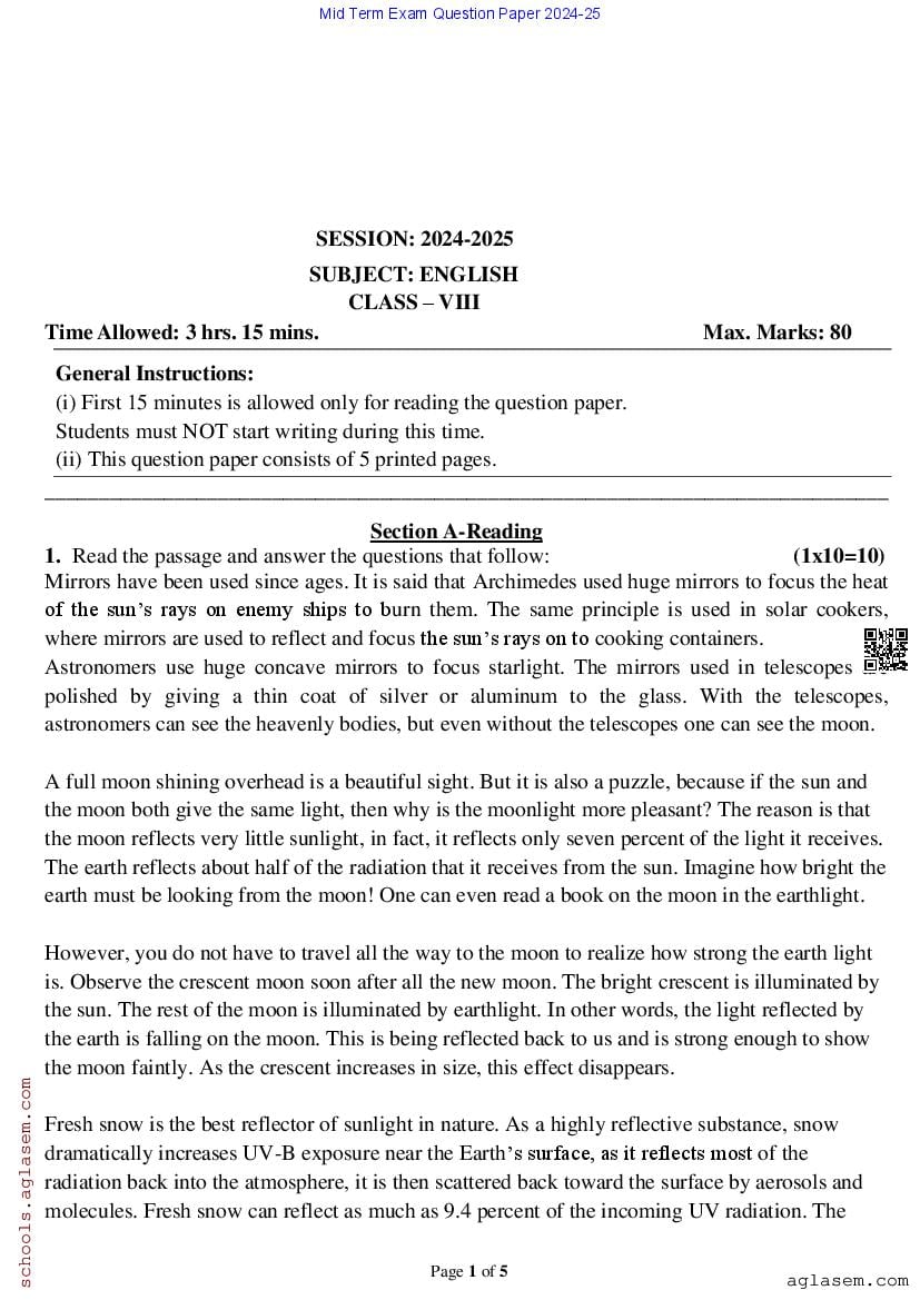 Class 8 English Mid Term Question Paper 2025 | Download 8th Term 1 Exam ...