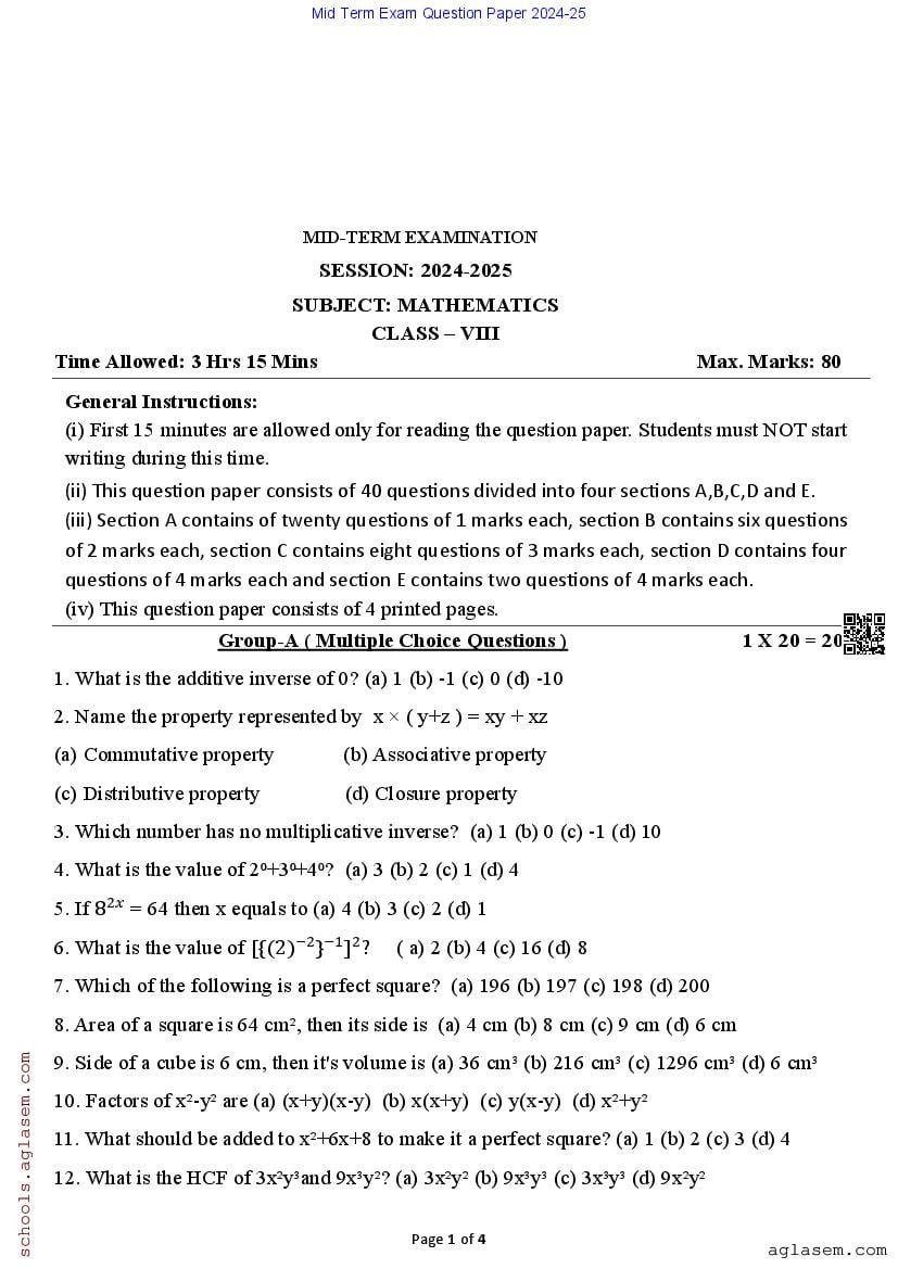 Class 8 Maths Mid Term Question Paper 2025 | Download 8th Term 1 Exam ...