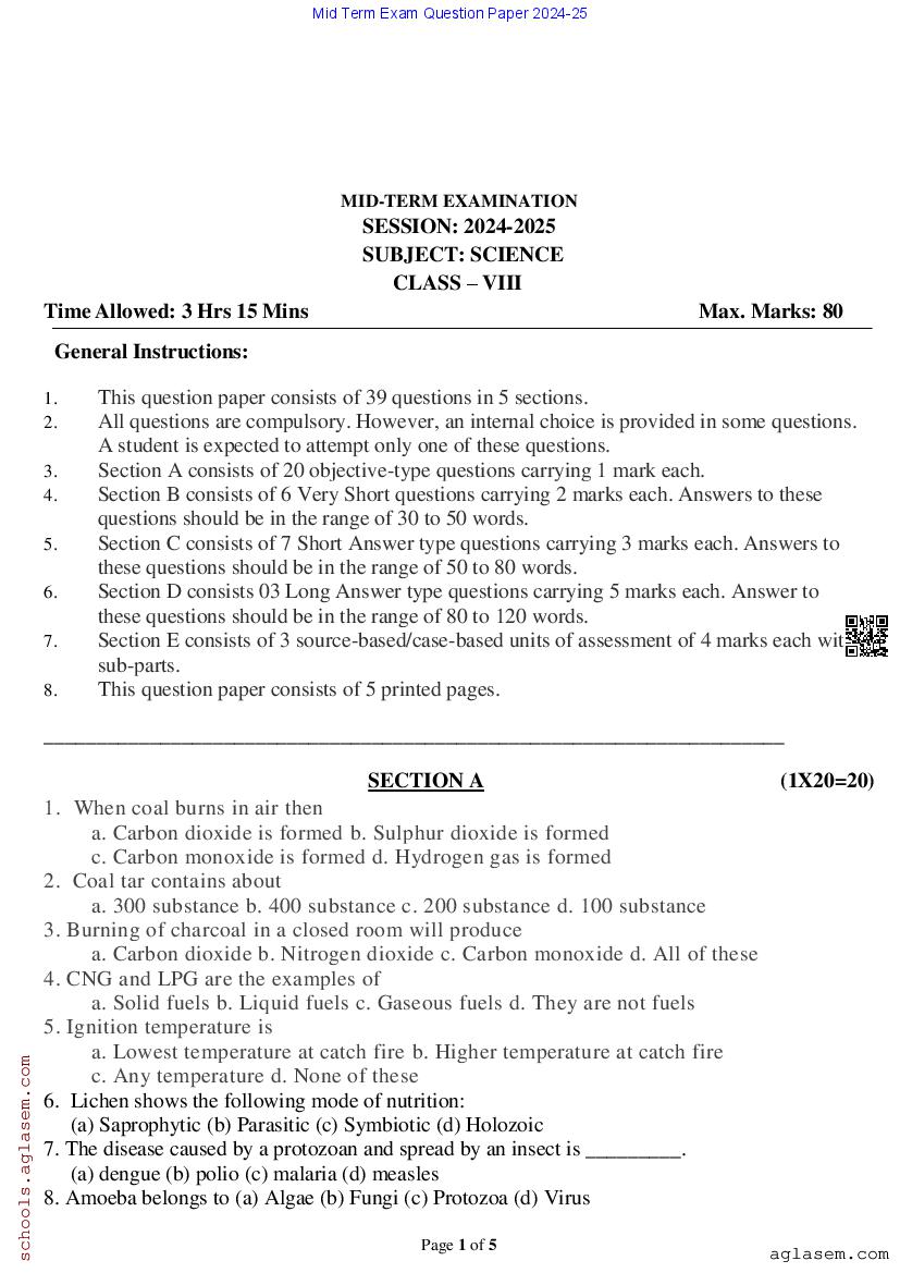 Class 8 Science Mid Term Question Paper 2025 | Download 8th Term 1 Exam ...