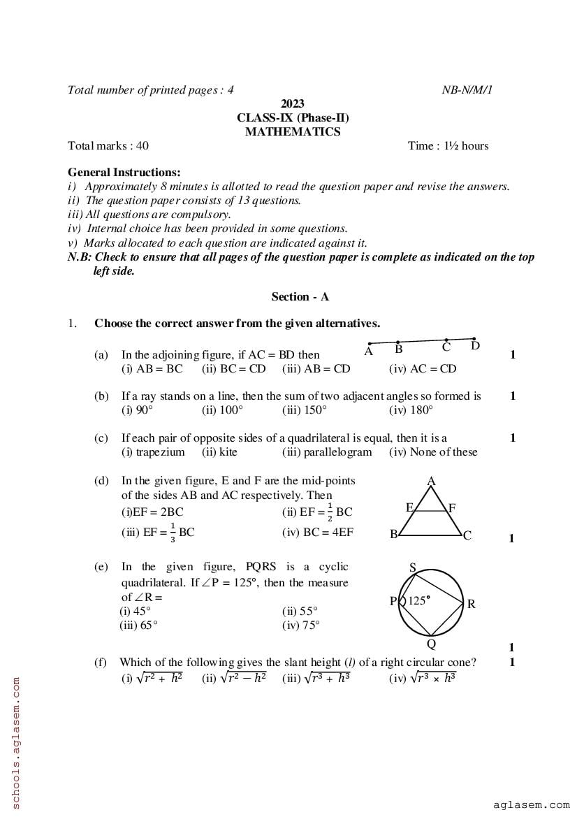 NBSE Class 9 Question Paper 2023-24 PDF - AglaSem