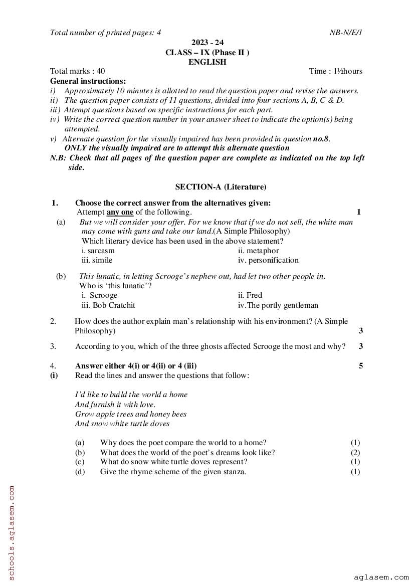 NBSE Class 9 Question Paper 2023-24 PDF - AglaSem