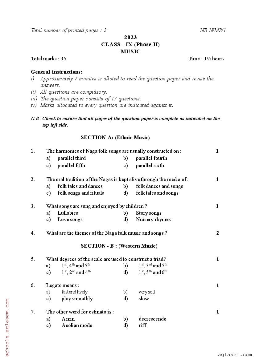 NBSE Class 9 Question Paper 2023-24 PDF - AglaSem