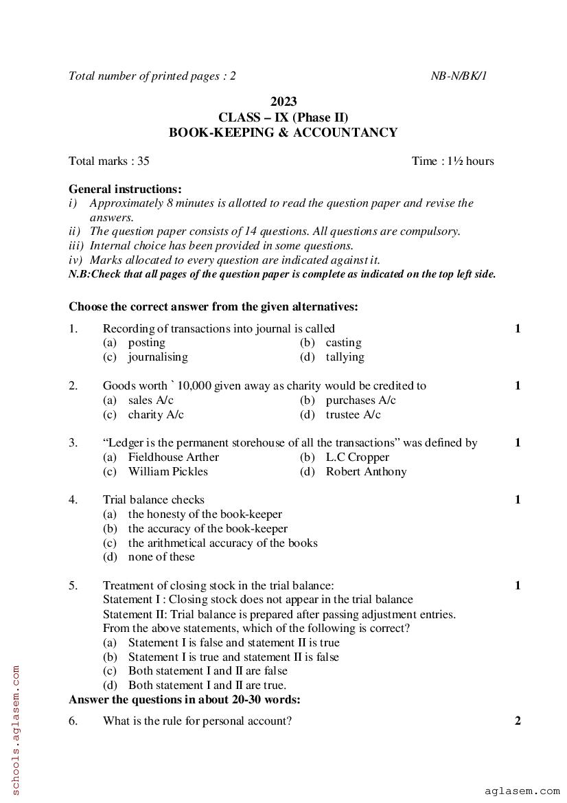 NBSE Class 9 Question Paper 2023-24 PDF - AglaSem
