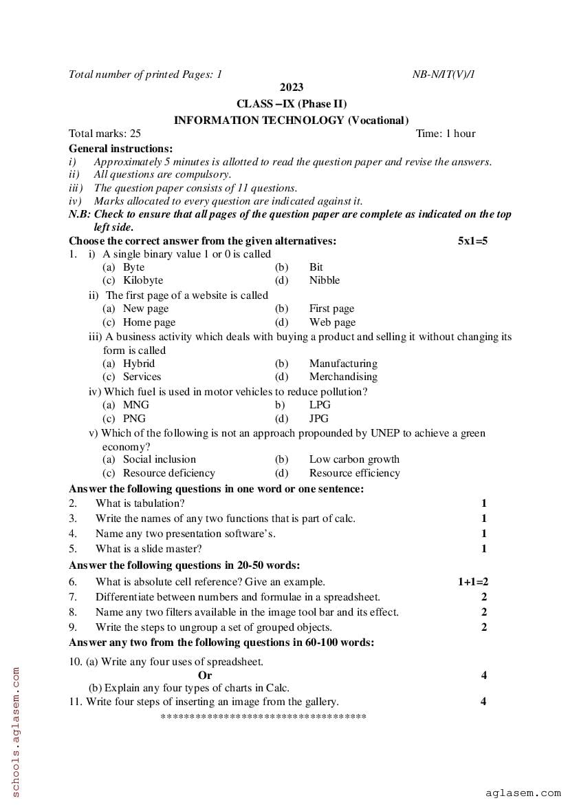 NBSE Class 9 Question Paper 2023-24 PDF - AglaSem