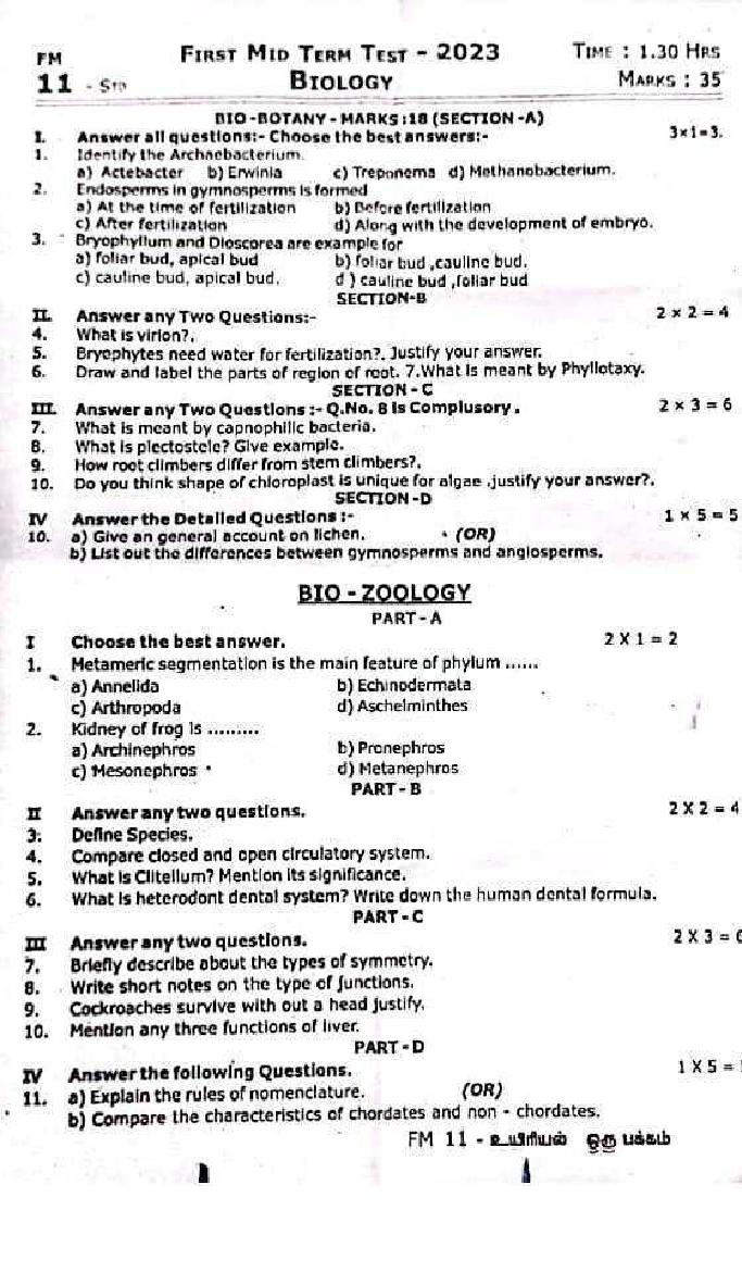 TN Class 11 First Mid Term Question Paper 2023 Biology
