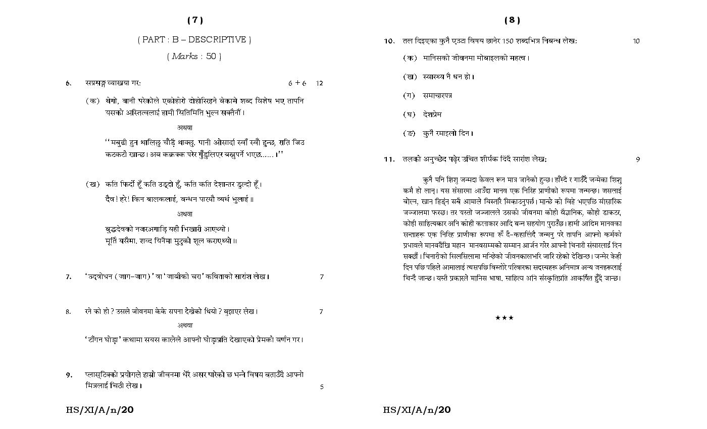 Meghalaya Board (MBOSE) Class 11 Question Paper for Nepali (Modern ...