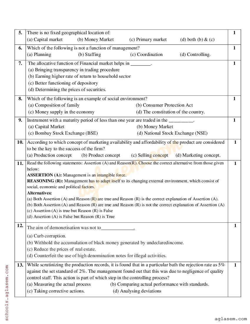 Class 12 Business Studies Pre Board Sample Paper 2024 - Download PDF