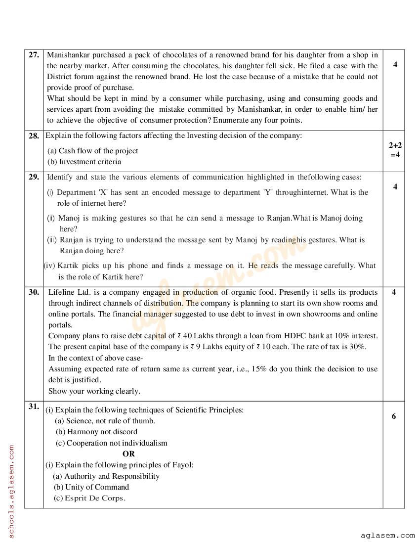 Class 12 Business Studies Pre Board Sample Paper 2024 - Download PDF