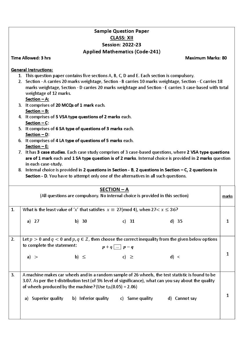 CBSE Class 12 Sample Paper 2023 Applied Maths
