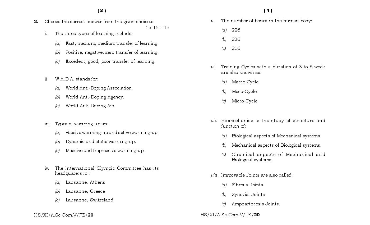 Meghalaya Board (MBOSE) Class 11 Question Paper for Physical Education