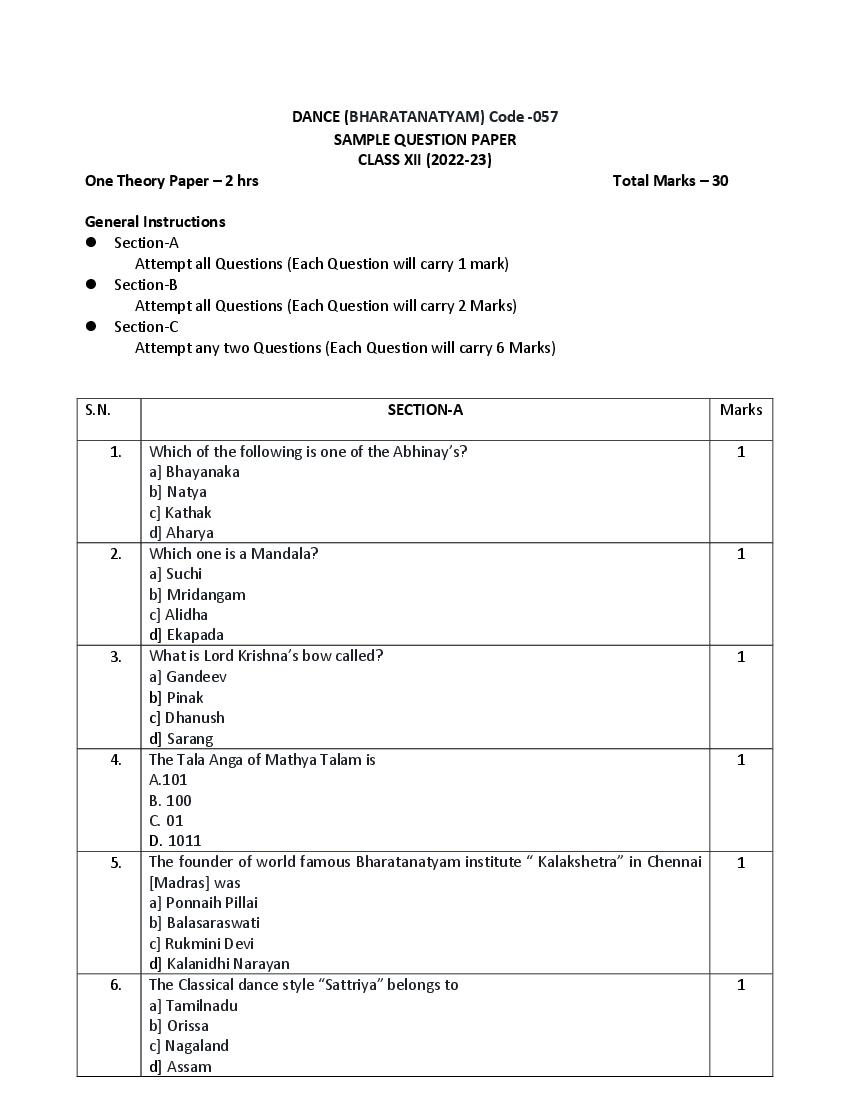 CBSE Class 12 Bharatanatyam Sample Paper 2023 PDF Class 12