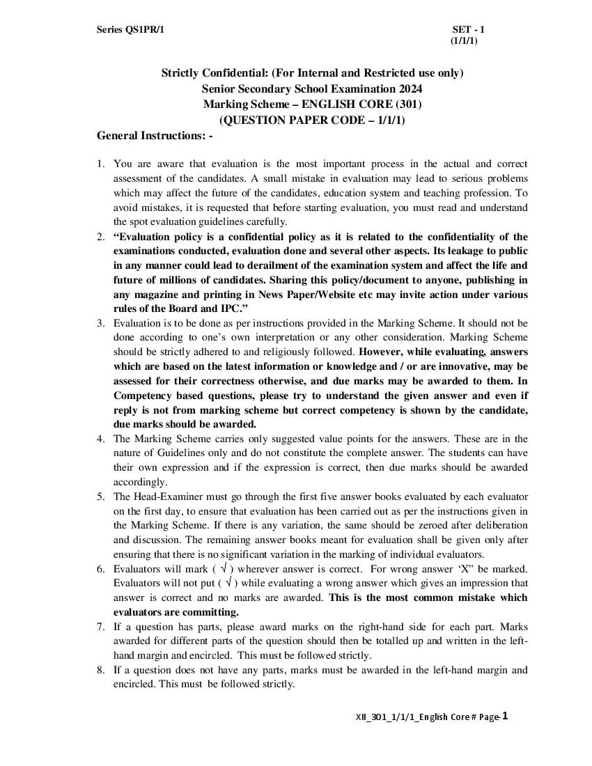 CBSE Class 12 Question Paper 2024 Solution English Core