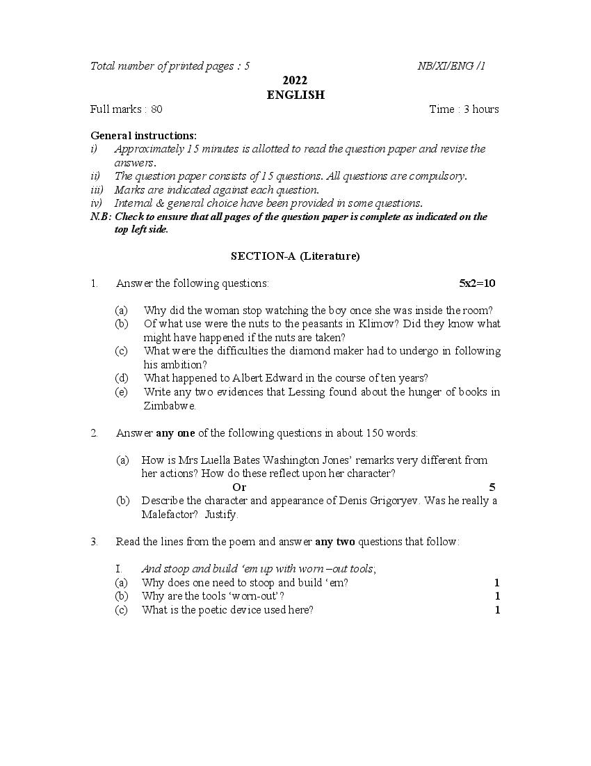 NBSE Class 11 Question Paper 2022 English