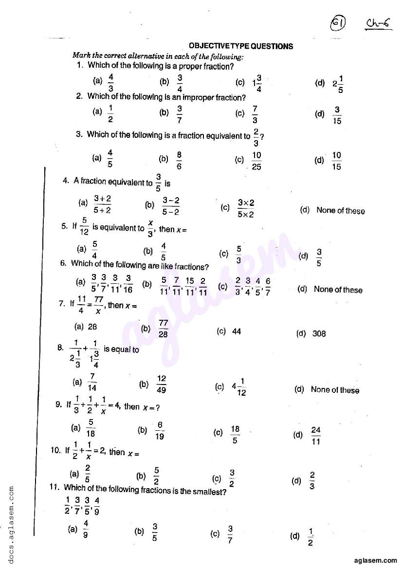 RD Sharma Solutions Class 6 Maths Chapter 6 Fractions MCQ