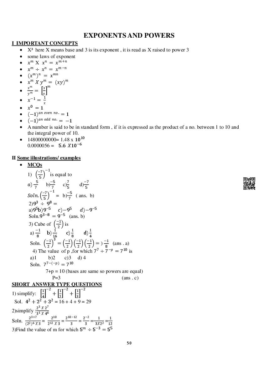 Class 8 Maths Notes for Exponents and Powers (PDF) - Study Material ...