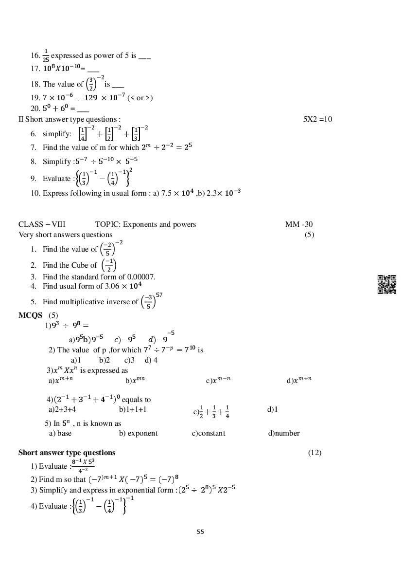 Class 8 Maths Notes for Exponents and Powers (PDF) - Study Material ...
