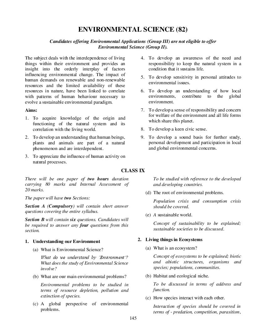 ICSE Class 10 Syllabus 2022 Environmental Science ICSE Class 10 Syllabus 2022 Environmental Science