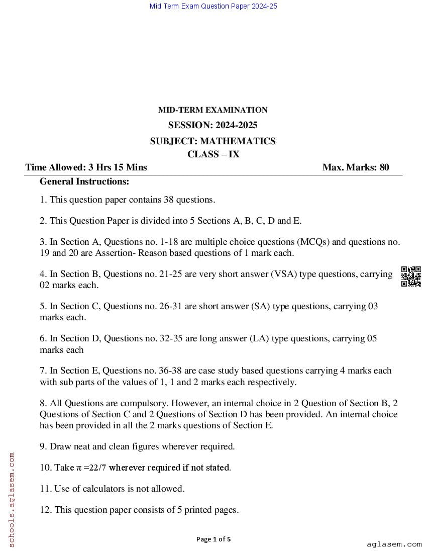 Class 9 Maths Mid Term Question Paper 2025 | Download 9th Term 1 Exam ...