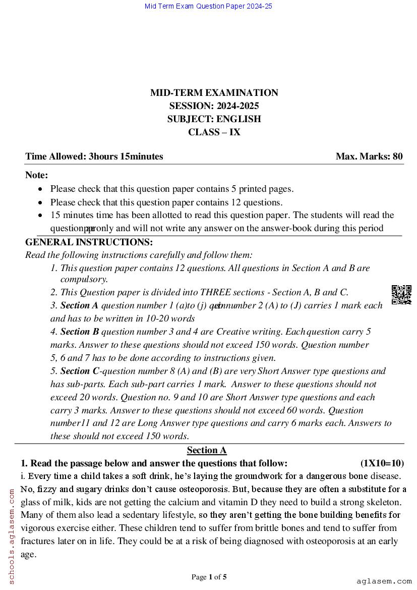 Class 9 English Mid Term Question Paper 2025 | Download 9th Term 1 Exam ...
