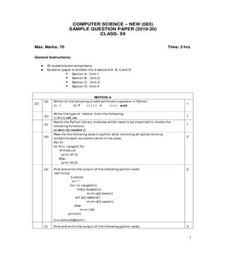 CBSE Class 12 Sample Paper 2020 for Computer Science New