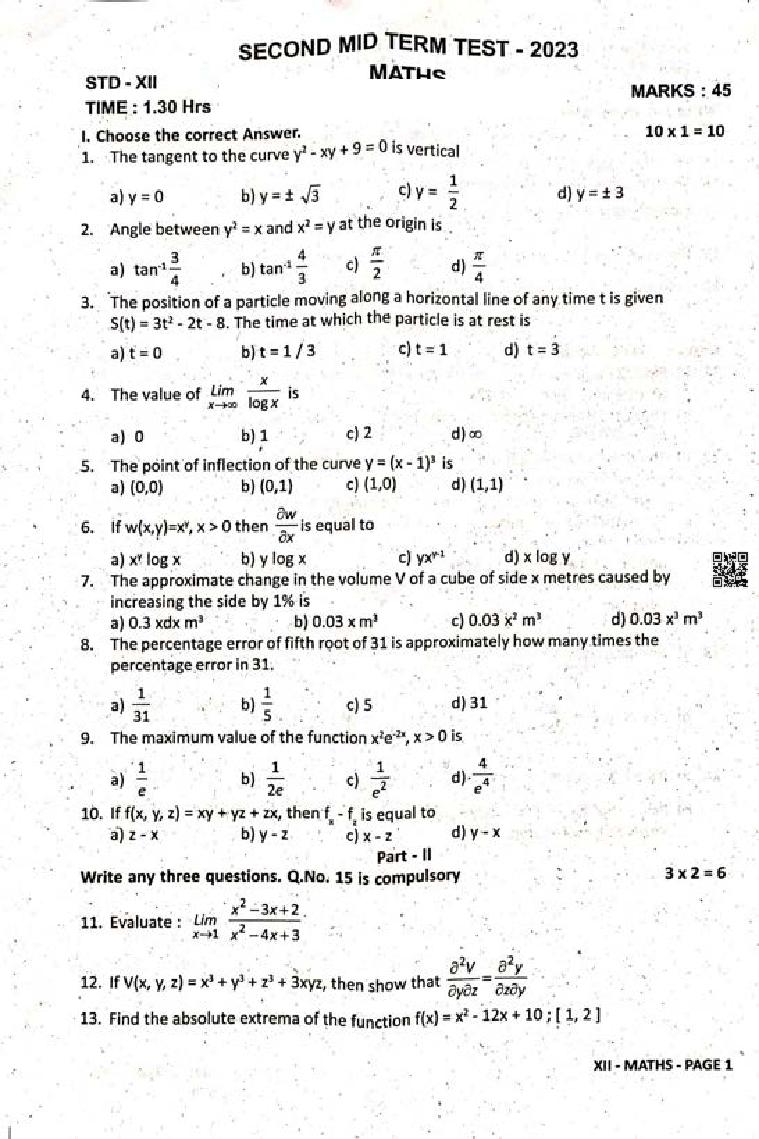 TN 12th Maths Second Mid Term Question Paper 2024 | 2nd Mid Term PYQP Download PDF - AglaSem