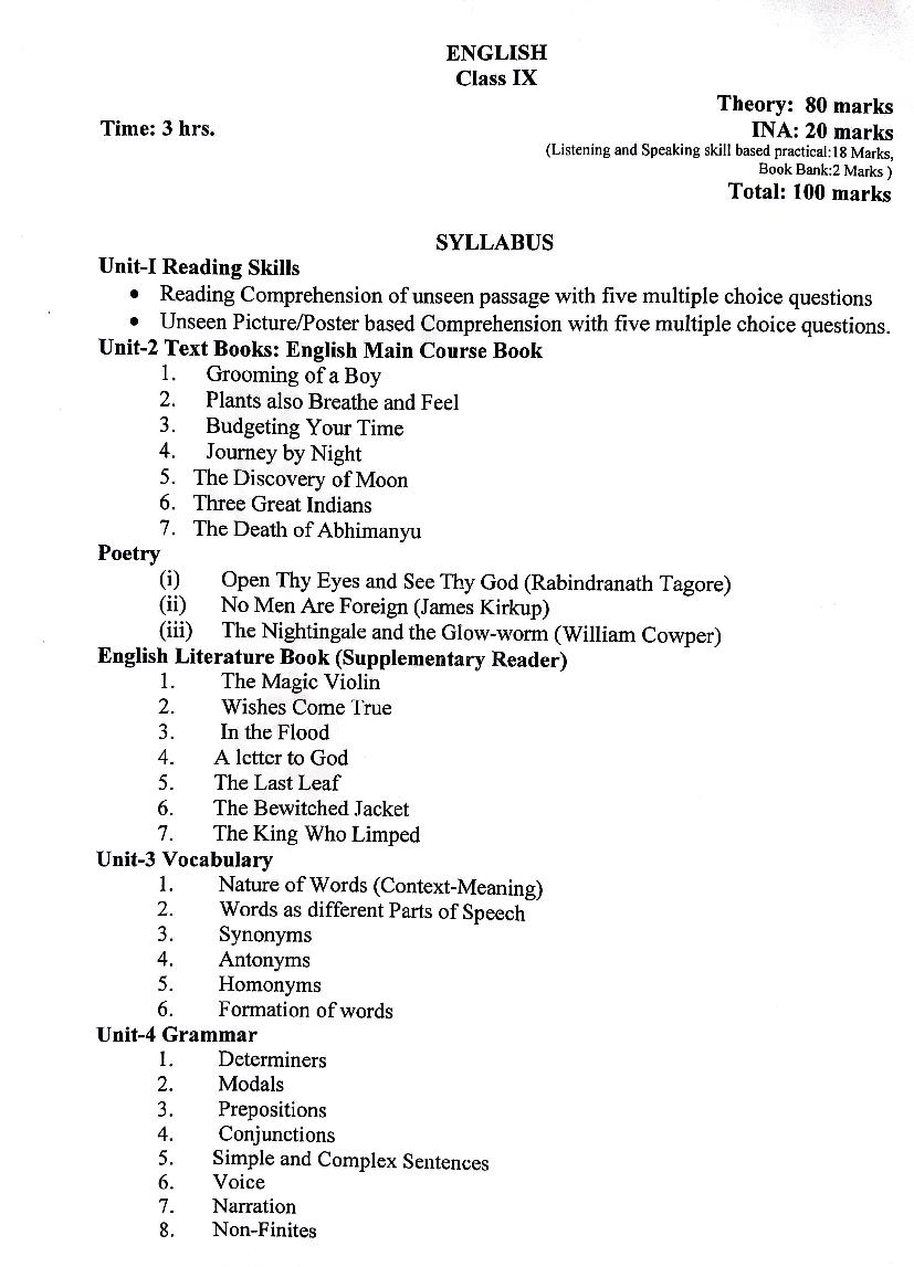 PSEB Syllabus 2021 22 For Class 9 English