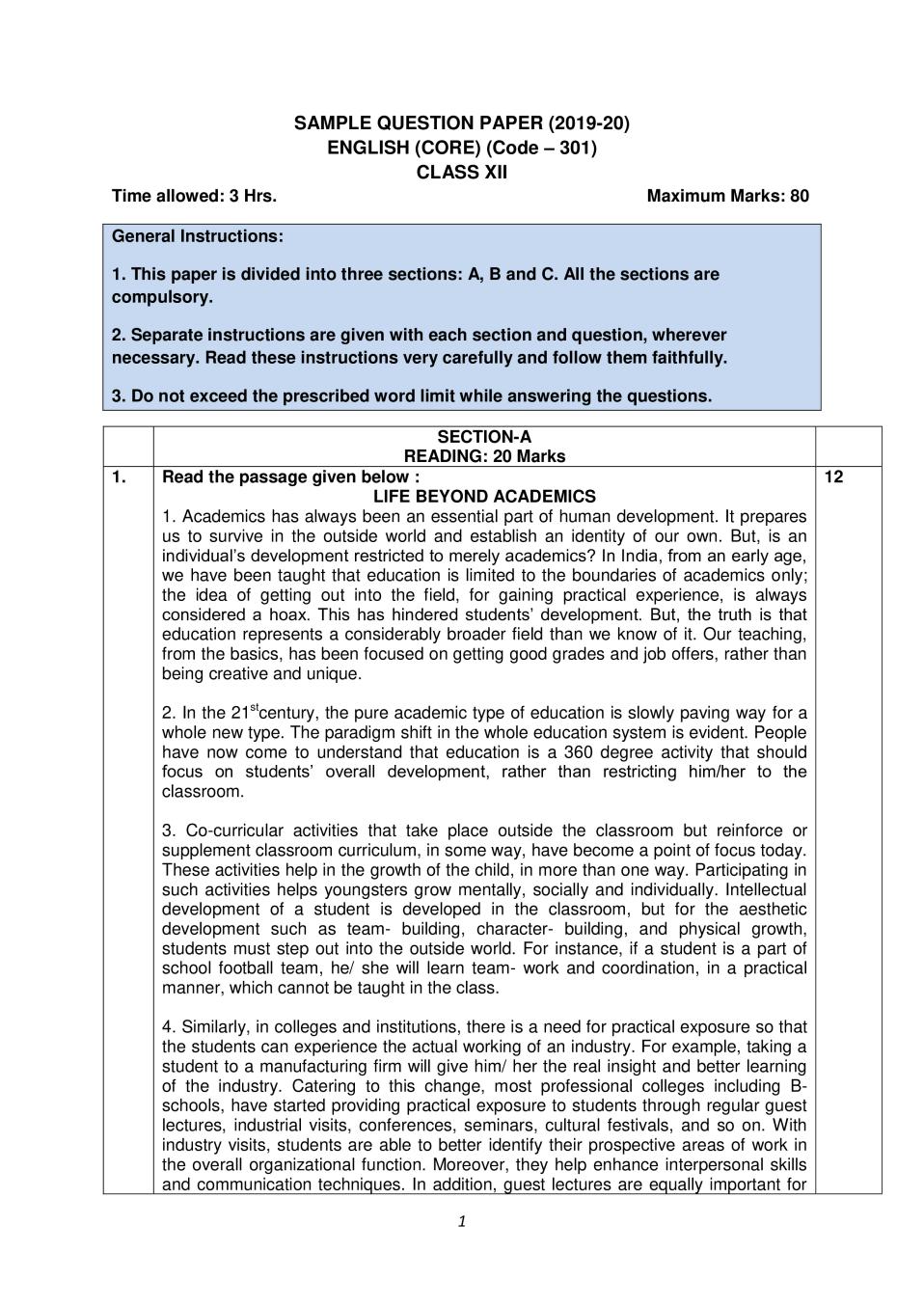CBSE Class 12 Sample Paper 2020 For English Core