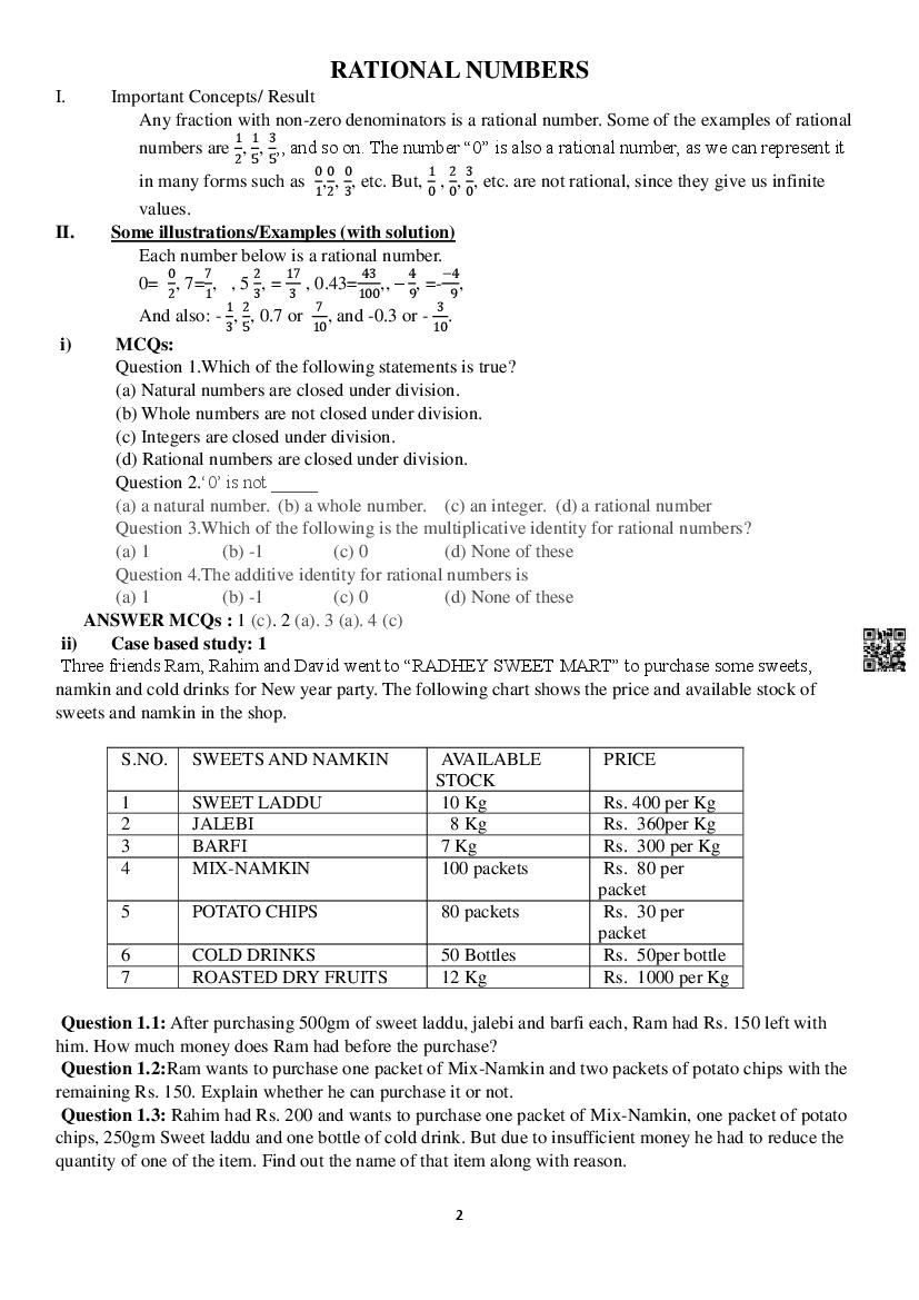 Class 8 Maths Notes for Rational Numbers (PDF) - Study Material - AglaSem