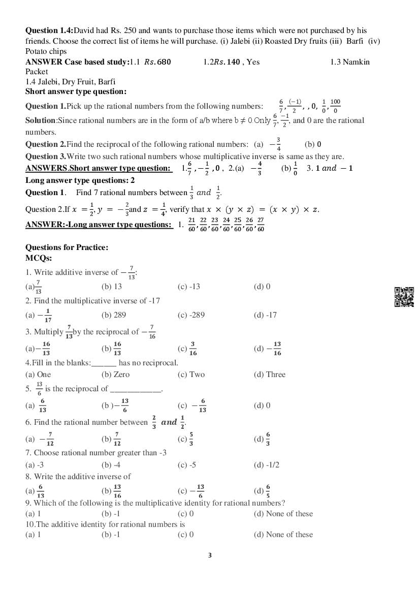 Class 8 Maths Notes for Rational Numbers (PDF) - Study Material - AglaSem