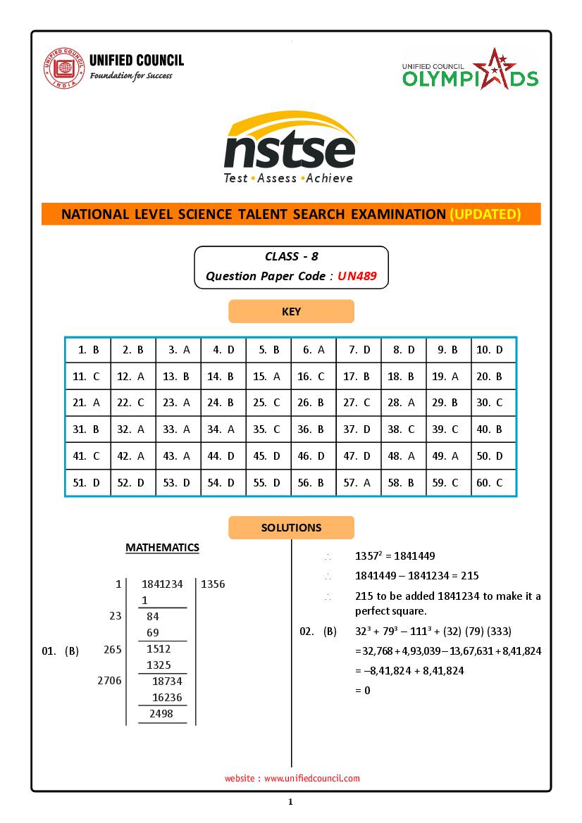 NSTSE 2023 Answer Key for Class 8 UN489 (Online Exam)