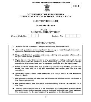 Pondicherry NTSE Nov 2019 MAT Question Paper English