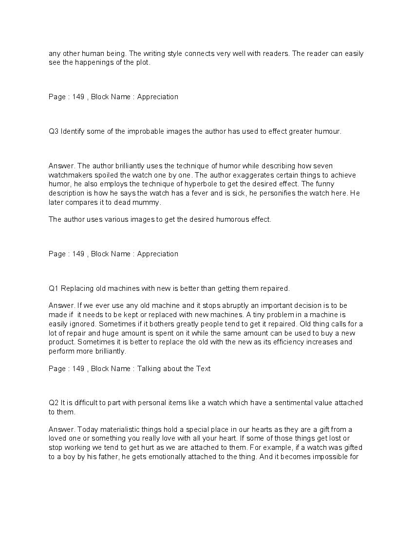 NCERT Solutions For Class 11 English Chapter 1 My Watch PDF 