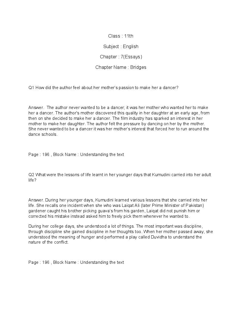 NCERT Solutions For Class 11 English Chapter 7 Bridges PDF NCERT Solutions For Class 11 English Chapter 7 Bridges PDF