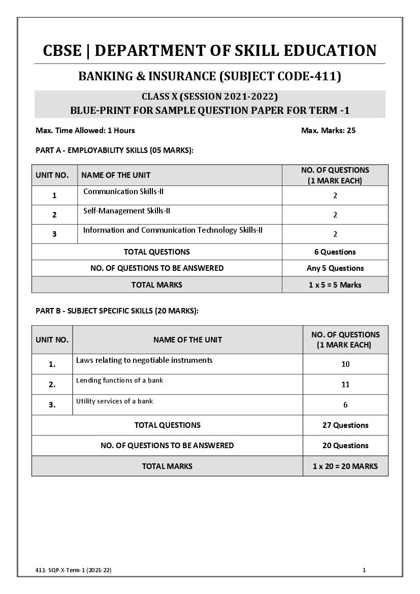 CBSE Class 10 Sample Paper 2022 For Banking Insurance Term 1