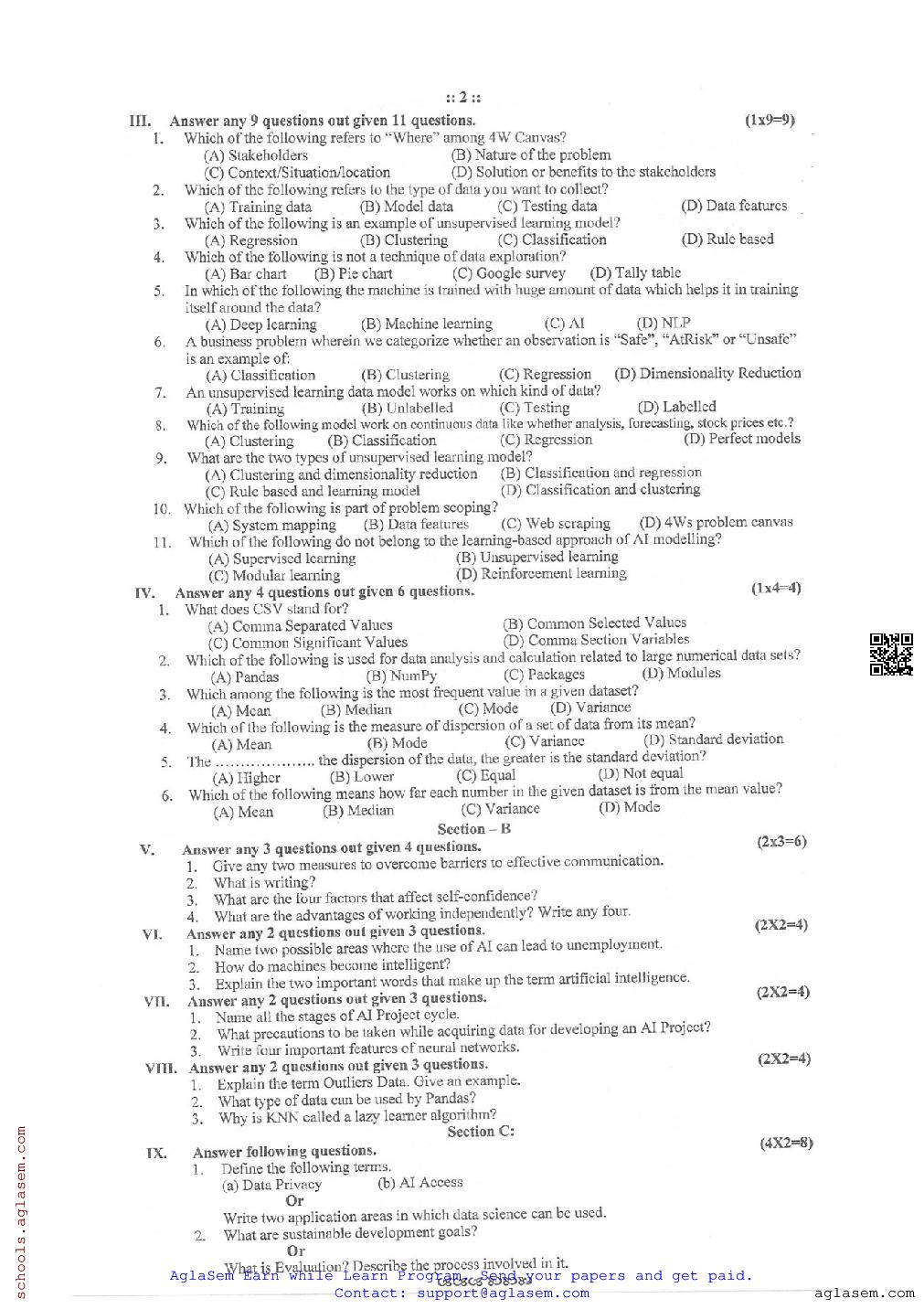 Class 10 AI Mid Term Question Paper 2025 | Download 10th Term 1 Exam ...
