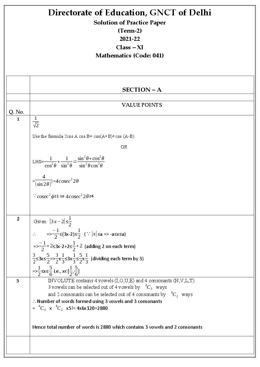 Class 11 Sample Paper 2022 Solution Maths Term 2 Class 11 Sample Paper 2022 Solution Maths Term 2