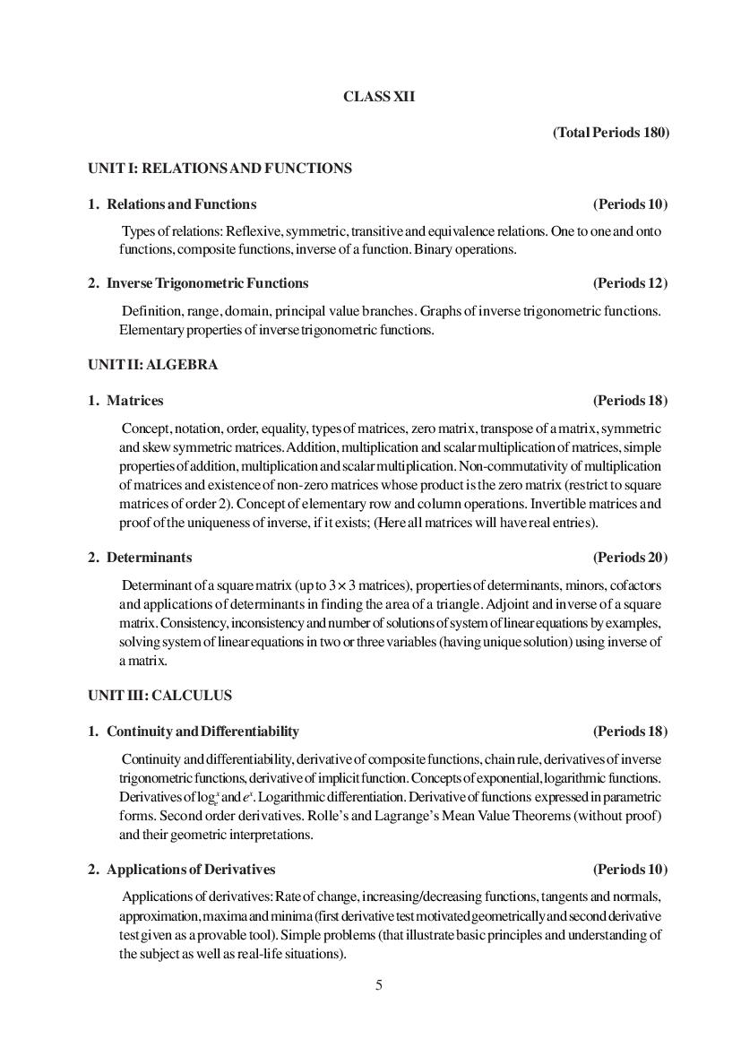 NCERT Class 12 Syllabus For Mathematics