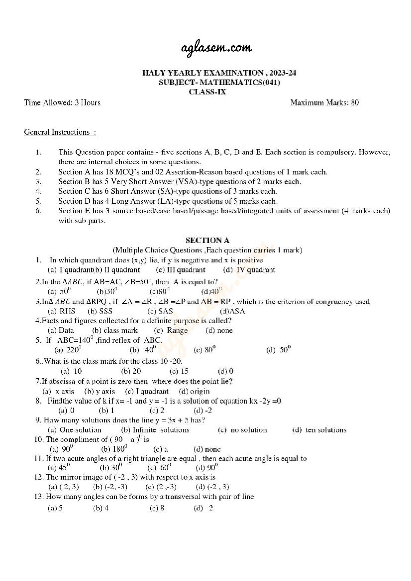 Class 9 Maths Half Yearly Question Paper 2024 Download 9th Half