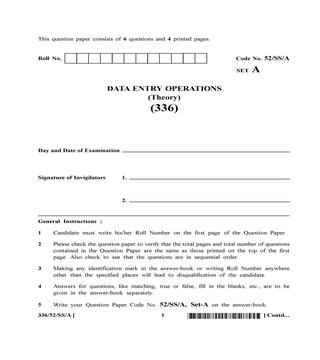 NIOS Class 12 Question Paper Apr 2016 - Data Entry Operations