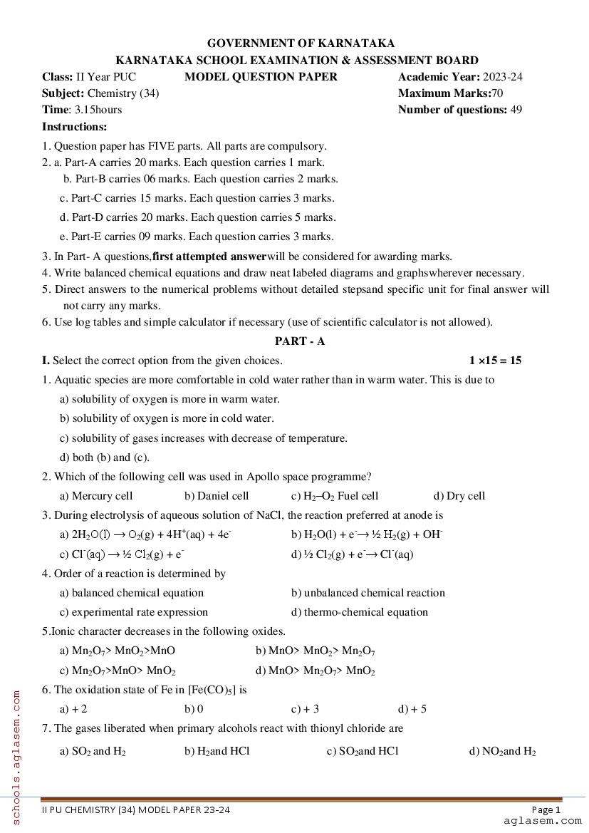 Karnataka 2nd PUC Chemistry Model Paper 2024 PDF Karnataka 2nd PUC Chemistry Model Paper 2024 PDF