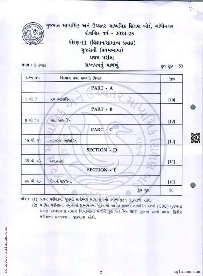 GSEB Std 11th Gujarati FL Model Paper 2025 (PDF) - Download Gujarat ...