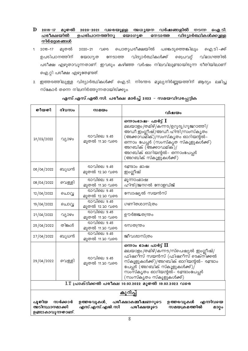 Kerala Board SSLC 2022 Annual Exam Time Table Kerala Board SSLC 2022 Annual Exam Time Table